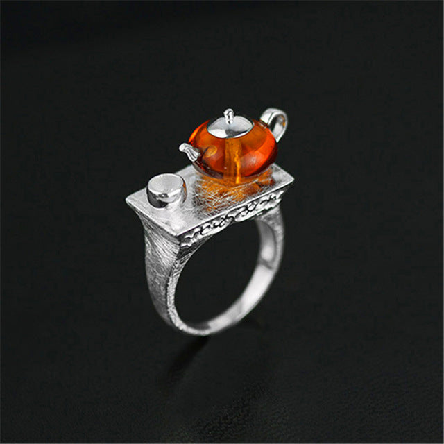 Handmade Sterling Silver Tea Lover Ring with Natural Amber – Vintage ...