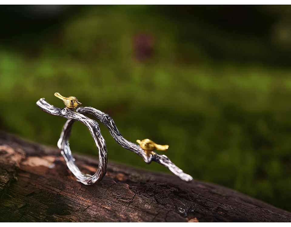 Handmade Silver Bird Ring - 2 Gold Birds on Branch – Vintage Creators
